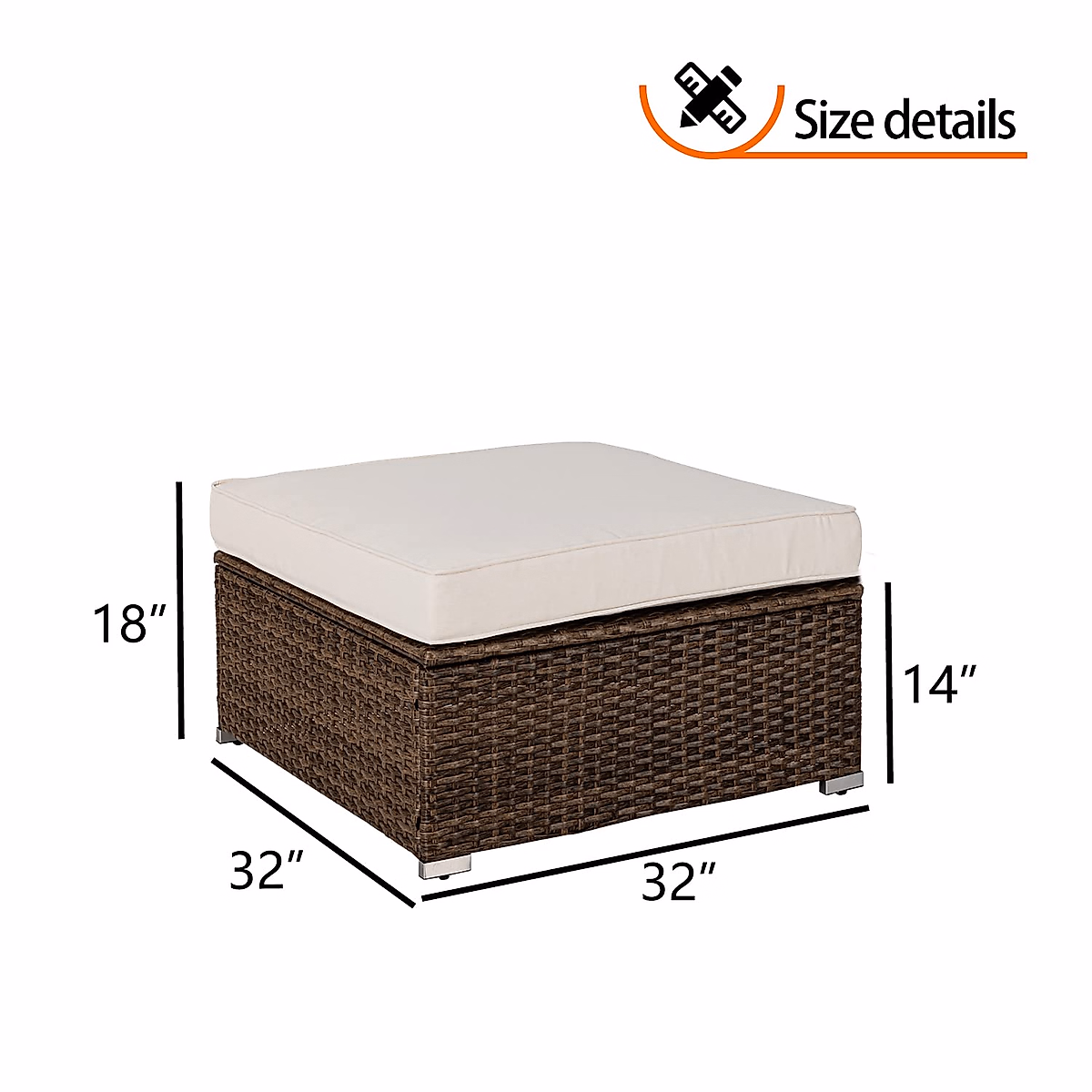 HOMPUS Outdoor Patio Furniture Wicker Ottoman w Beige Cushion for Garden, Pool, Backyard