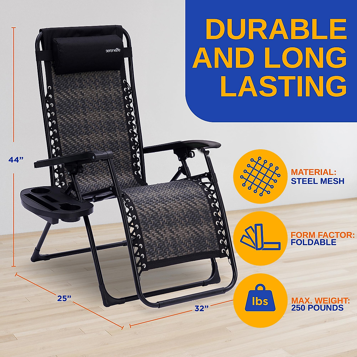 SereneLife SL1ZRC88.5 Outdoor Foldable Rattan Zero Gravity Lawn Chair-Adjustable Recliners with Plastic Cup Holder Side Table and Pillow, Off Black