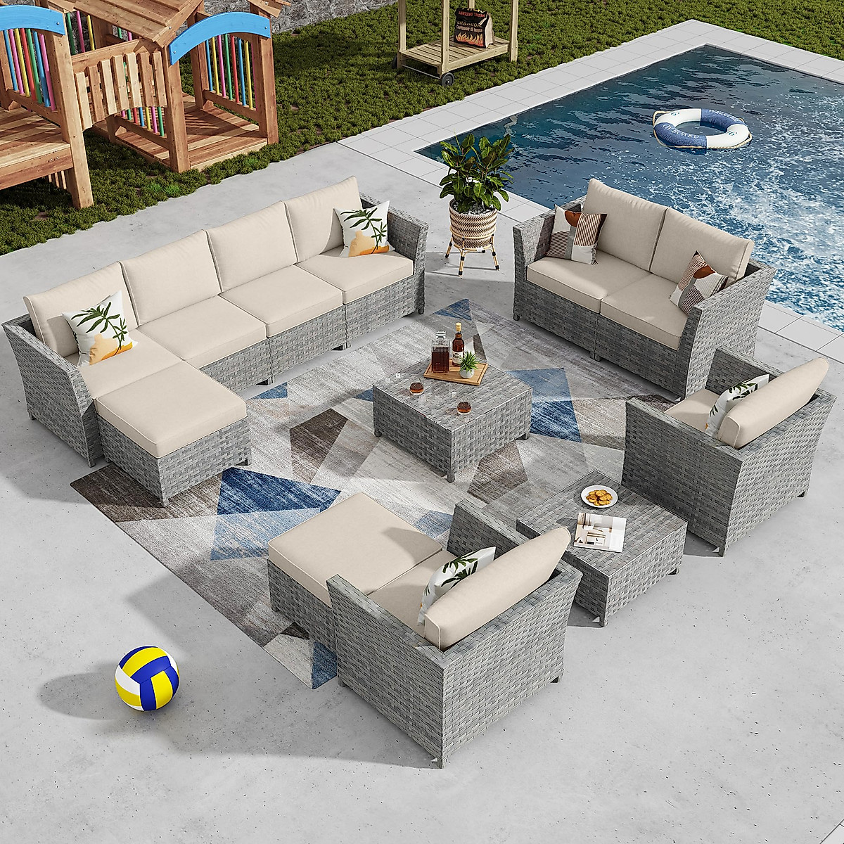 CAODOC 12 Pieces Outdoor Patio Furniture Set Sectional Sofa Sets Gray PE Rattan Patio Conversation Set w/Beige Seat Cushions and 2 Coffee Tables