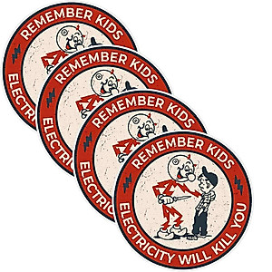 AG 4 PCS Remember Kids Electricity Will Kill You Decal Hard Hat Stickers Reddy Kilowatt Funny Electrician Mechanic Stickers, 3 Inch, Electricity Kills Sticker