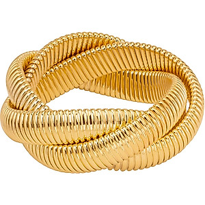 JANIS BY JANIS SAVITT Triple Cobra Bracelet With 1-1/4” Wide With Three Flexible Interlocking 1/2" Stretch Twist Bands High Polished 18K Gold MADE IN USA