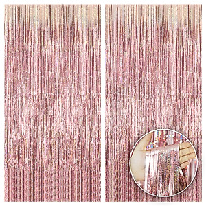 KatchOn, Iridescent Rose Gold Fringe Curtain - 3.2x8 Feet, Pack of 2 | Rose Gold Backdrop Curtain for Rose Gold Birthday Decorations | Irridescent Rose Gold Streamers | Bachelorette Party Decorations