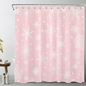 LB Pink Christmas Shower Curtain for Bathroom, Winter Snowflake on Pink and White Fabric Shower Curtain with Hooks, New Year Holiday Bathroom Curtain Shower Set, 72" W x 78" L