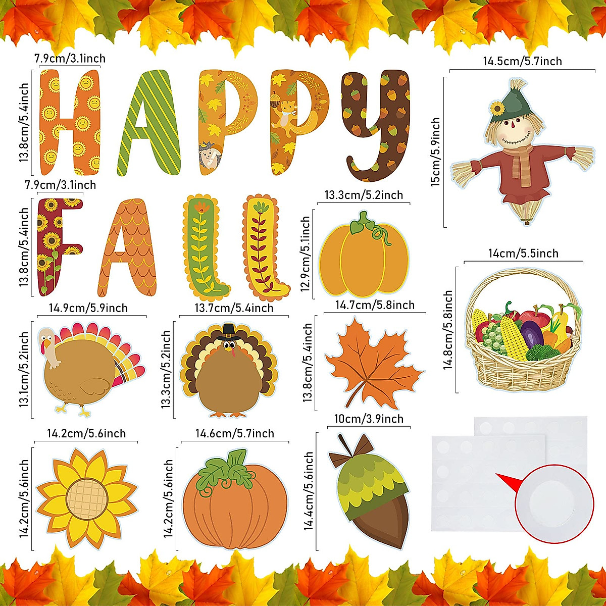 45 Pieces Fall Bulletin Board Decorations Turkey Pumpkin Maple Leaves Sunflower Cutouts Thanksgiving Happy Fall Cutouts for Classroom Bulletin Border Decoration