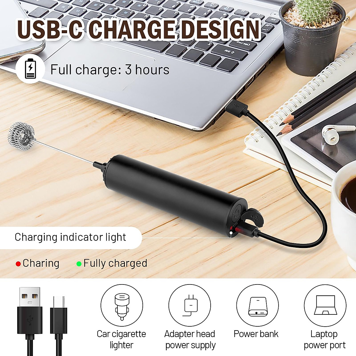 Milk Frother Wand for Coffee, Coffee Foamer Drink Mixer,Handheld Frother Rechargeable Electric Whisk with 5 Heads 2 Speeds for Latte, Cappuccino, Hot Chocolate, Egg(Home and Travel Set Black)