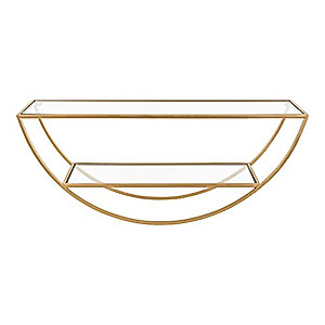 Kate and Laurel Tancill Modern Wall Shelf, 26 x 11, Gold with Clear Glass, Chic Two-Tier Half-Circle Shelf for Wall