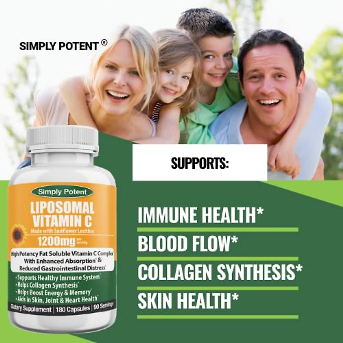 Liposomal Vitamin C 1200mg, 180 Capsules, Ascorbic Acid VIT C, High Dose Enhanced Absorption Fat Soluble Vitamin C, Powerful Antioxidant Supplement for Immune Support, Collagen, Heart & Brain Health