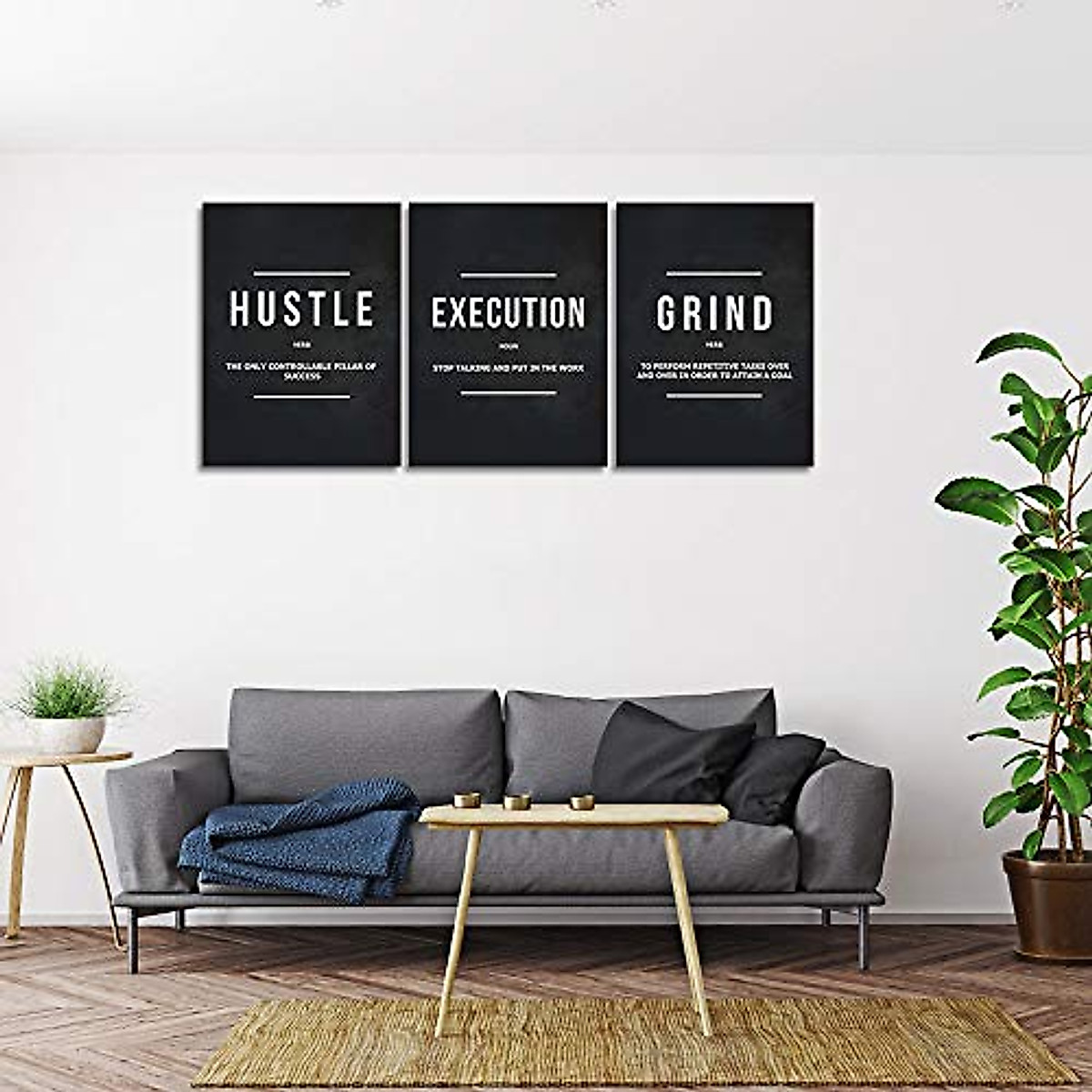 Motivational Posters Inspirational Wall Art Motivation Canvas Paintings Wooden Framed Hustle Wall Decor Black 3 Pieces Office Wall Art for Living Room Bedroom Home Decor Easy to Hang(36”Wx16”H)
