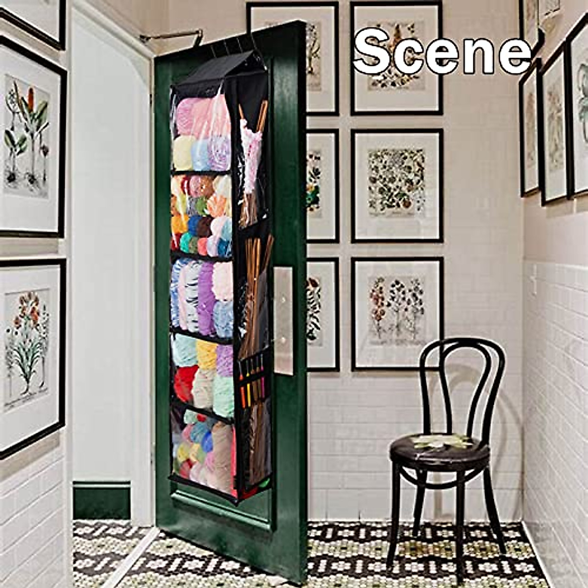 5 Compartments Hanging Yarn Knitting Storage Organizer with Zipper Closure, Yarn Over Door Display Holder with 6 Clear Pockets On Side for Knitting Needles, Crochet Hooks (L Size, Black)