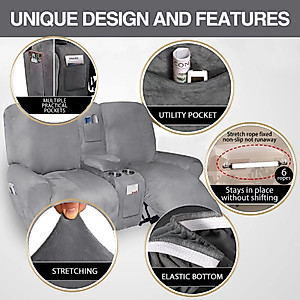 ZPUGUT Loverseat Slipcovers, Waterproof Recliner Slipcovers Double Recliner armrest Sofa Cover, Velvet Eight-Piece Set, Recliner Sofa Cover, Add Multifunctional Convenient Pocket (Gray)
