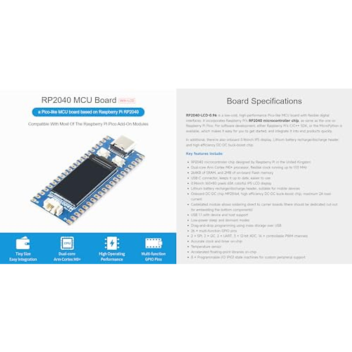 Waveshare RP2040-LCD-0.96 High-Performance Pico-Like MCU Board Based On RPi Microcontroller RP2040 Compatible with Most of The RPi Pico Add-On Modules with Pre-soldered Header