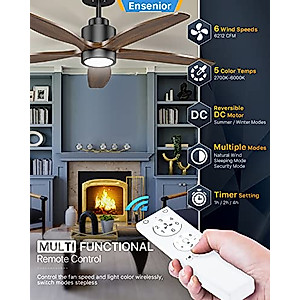 Ensenior 52” Ceiling Fan with Light Remote Control, 5CCT selectable, Dimmable, 1000 Lumens, 15W LED, 5 Wood Blades and Reversible DC Motor, for Bedroom and Living Room, Black, (338)