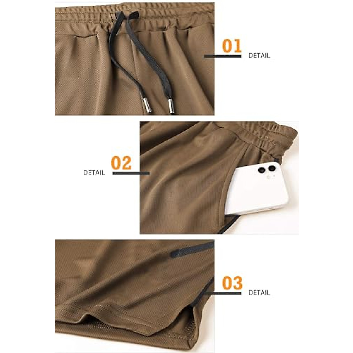 sandbank Men's Quick Dry Active Lightweight Bodybuilding Shorts Jogging with Pockets Khaki