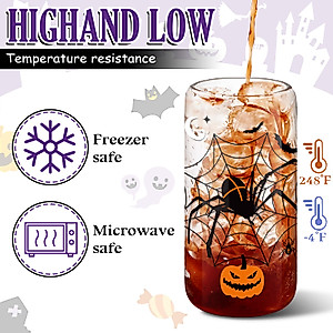 Umigy 8 Pcs 16oz Halloween Glass Tumbler Halloween Iced Coffee Cup with Bamboo Lids and Glass Straw Halloween Party Gift Spooky Pumpkin Bat Mason Glass Cup Cute Ghost Skull Glass Cup
