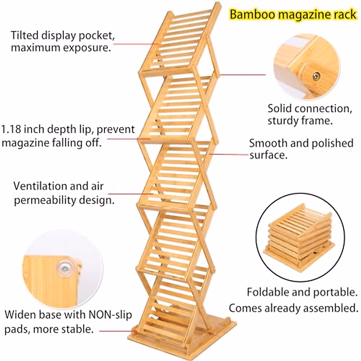 DuvinDD Foldable Bamboo Magazine Rack Floor, Portable Pop-up Display Stand, Magazine Rack 5 Pockets, A4 Size, for Trade Shows, Office, Retail Store, Craft Shows, 57 inch Tall