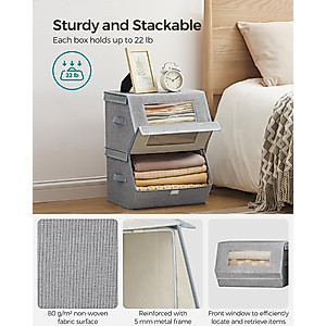 SONGMICS Stackable Storage Bins Set of 2, Storage Boxes with Lids and Front Windows, Non-Woven Fabric Closet Organizers with Magnetic Closures, Side Handles, Dove Gray URLB002W01