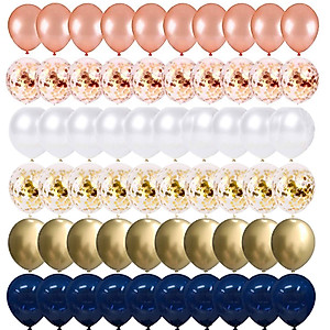68 Pack Navy Blue Rose Gold Confetti Latex Balloons, 12 inch Birthday Balloons with 65 Feet balloon Ribbon for Birthday Party Wedding Graduation Bridal Shower Decorations