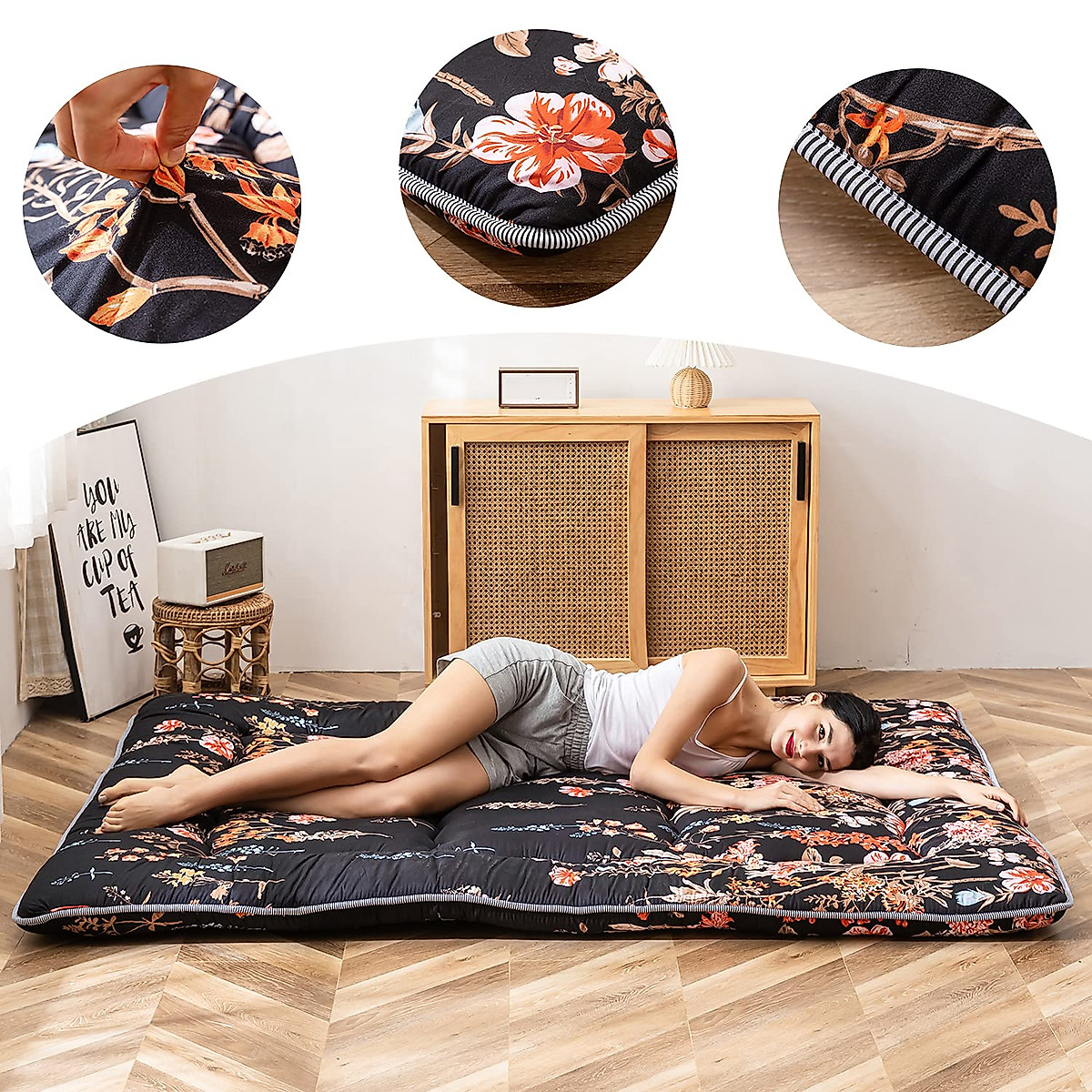Black Floral Japanese Futon Floor Mattress, Bed Mattress Topper Portable Thick Sleeping Pad Floor Bed Roll Up Camping Mattress Folding Couch Bed Mattress Pad for Guest Room, Full Size