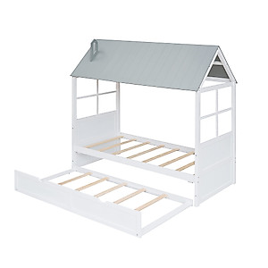 BIADNBZ Twin Size House Bed with Trundle,Wooden Playhouse Platform BedFrame with Roof and Window Design for Kids Teens Boys Girls Bedroom,No Box Spring Needed,White+Gray