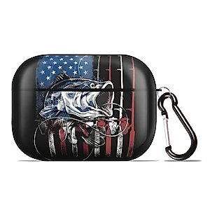 Fishing American Flag USA Bass Fish for AirPods Case Cover for AirPods Pro, Wireless/Wired Charging Protective AirPods Pro Case with Keychain, Black