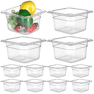 Lnrueg 12 PCS Plastic Clear Food Pans with Non-slip Bottom, 1/6 Size 4 Inch Deep Stackable Acrylic Deep Food Storage Pan for Fruits, Vegetables, Desserts,6.9''x6.3''x4''