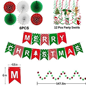 FECEDY Merry Christmas Banner Paper Fan Flower Circle Confetti Dots Hanging Garlandand Swirl Streamers Christmas Tree Christmas Snowman God Tang for Christmas Party Decoration