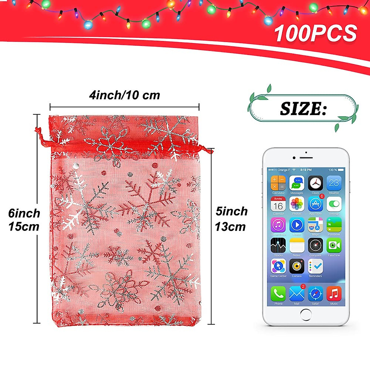 HRX Package 100pcs Snowflake Organza Bags Christmas 4x6 inch, Red Drawstring Mesh Gift Pouches for Jewelry Candy Party Favor