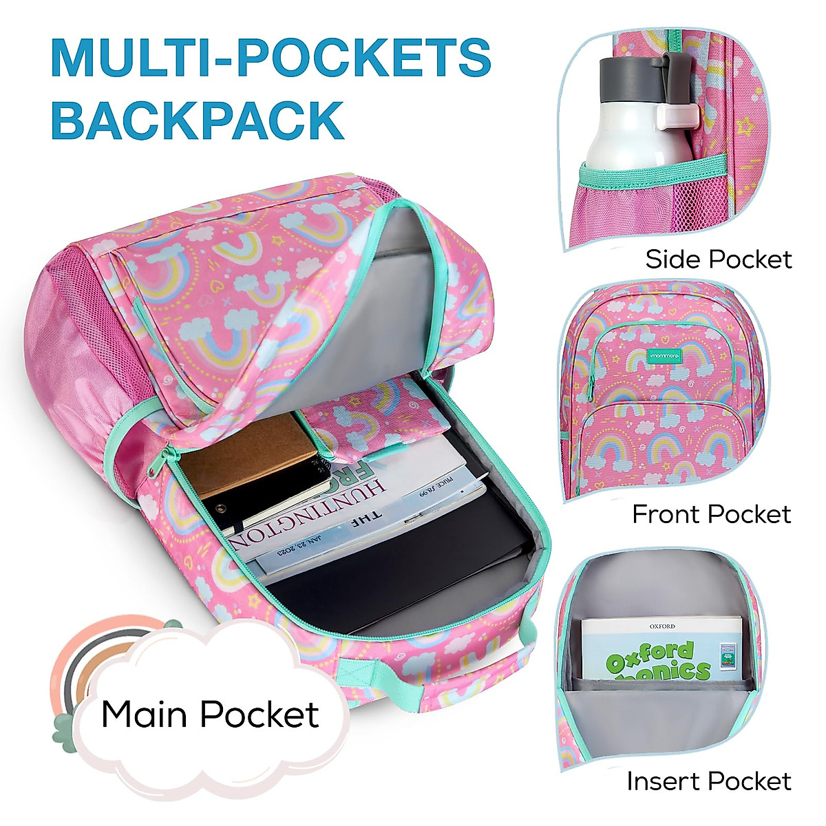 mommore Kids Backpack Set, Rainbow Backpack for Girls Lightweight Elementary Bookbag for Students School backpack for Children with Chest Strap Water Resistant,3pcs pink