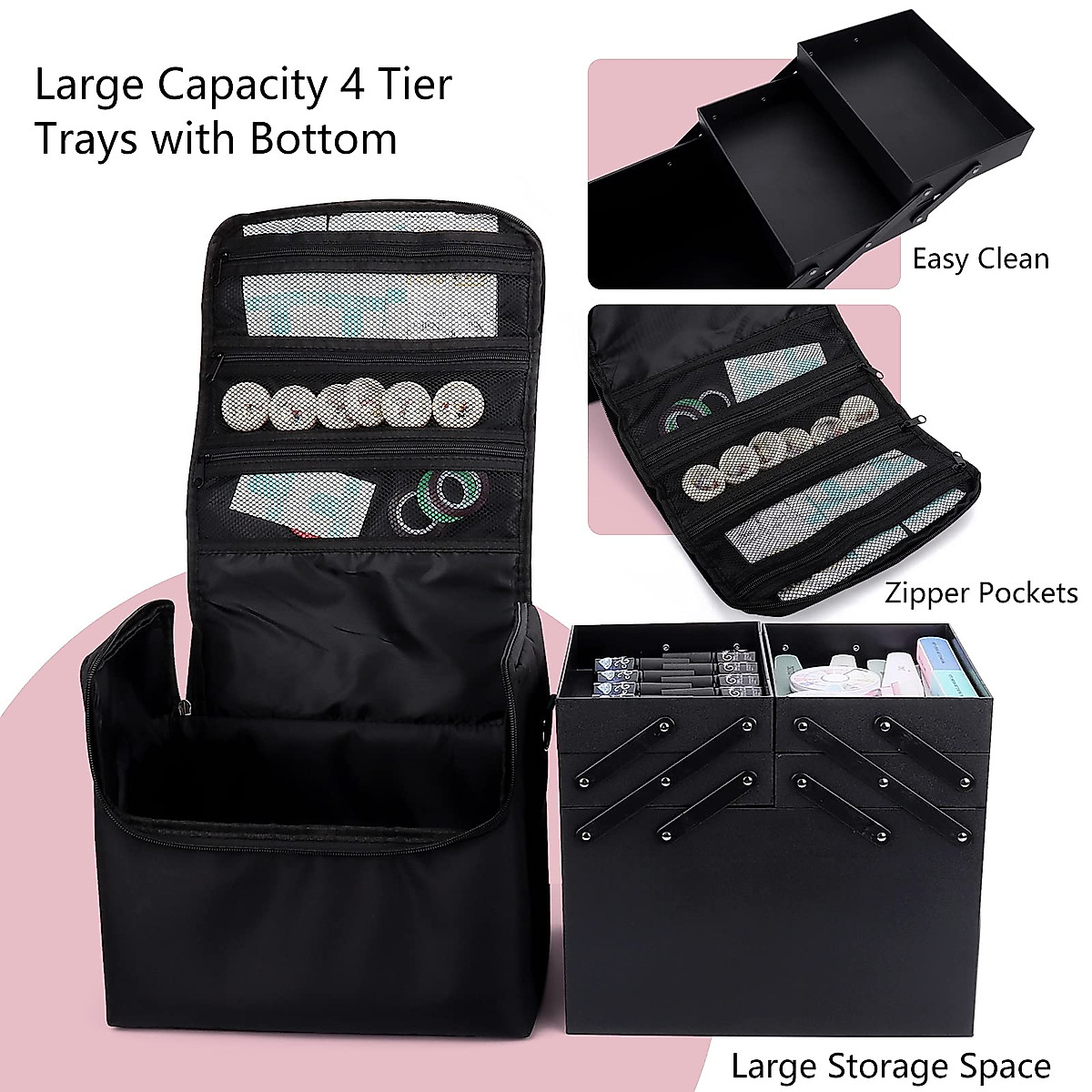 Large Makeup Carrying Train Case for Women, Black Travel Bag Storage Box,4 Tier Professional Nail Organizer Case with Adjustable Dividers for Nail Tools Jewelry MakeUp Brushes