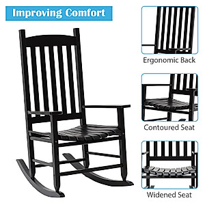 Outdoor Rocking Chairs, Wooden Rocking Chair with a Curved Seat & a High Slatted Backrest, Rocking Chairs with Wide Arms, Black Rocking Chair with Load Bearing 243 lbs for Patio Backyard Porch Garden