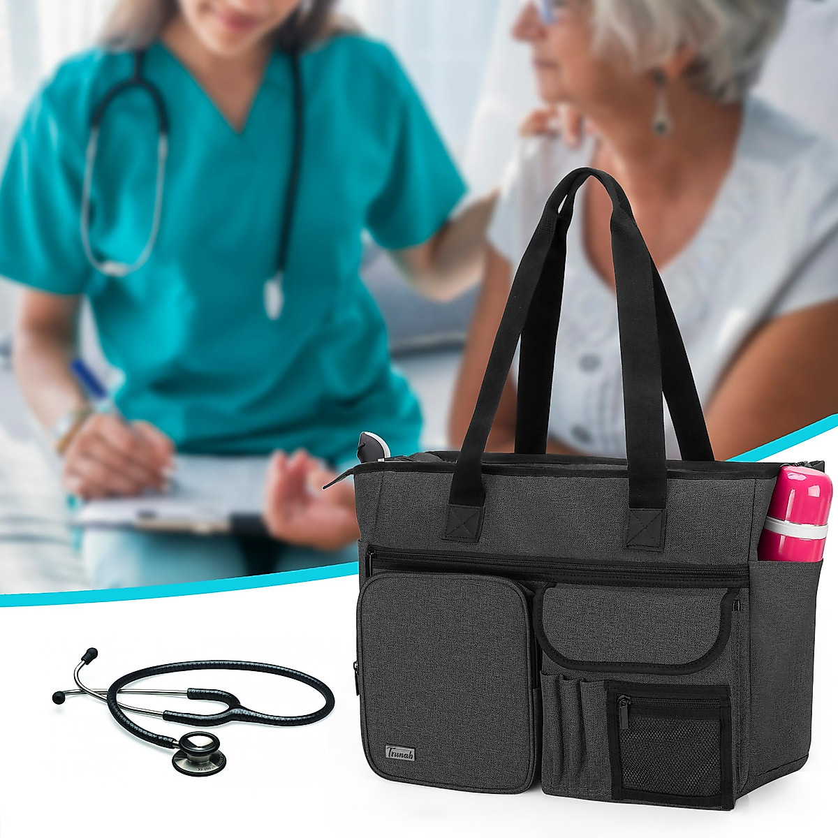 Trunab Nurse Tote Bag for Work with Padded 15.6” Laptop Sleeve, Black