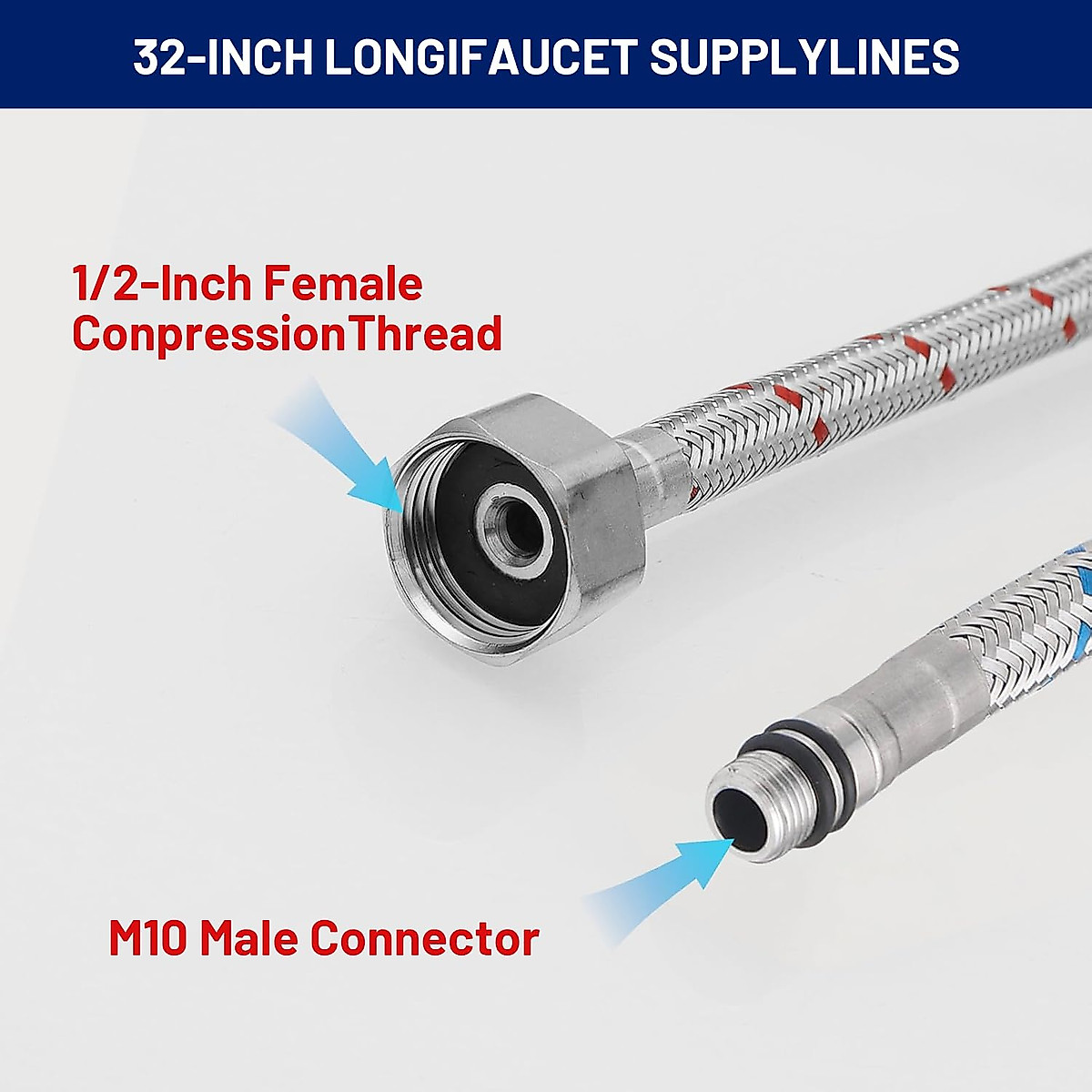 BWE 32-Inch Long Bathroom Kitchen Faucet Connector Braided Stainless Steel Supply Hose 1/2-Inch Female Compression Thread x 2 Pcs (1 Pair)