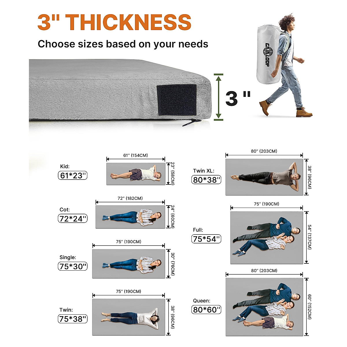 GAIALOOP Memory Foam Futon Mattress Car Camping Bed Glamping Roll Up Mattress, Japanese Floor Sleeping Mat Camp Cot Mattress Pad Travel Guest Adults Side Sleepers Space Gray [Twin: 75 * 38 * 3" ]