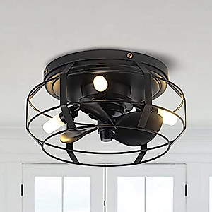 Parrot Uncle Ceiling Fans with Lights and Remote Black Low Profile Ceiling Fan with Light Small Caged Ceiling Fan for Bedroom Bathroom, 12 Inch
