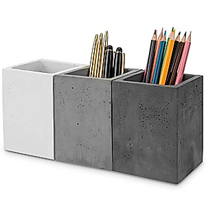 MyGift Modern Gray-Tone Concrete Desktop Pencil Holder Cup and Pen Holder, Office Stationery Organizer, Set of 3