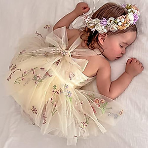 Baby Girl Lace Tulle Romper Dress Sleeveless Flower Embroidery Mesh Tutu Princess Dress Fluffy Brithday Photoshoot (Creamy Yellow, 12-18 Months)