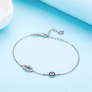 Kaletine Hamsa Hand of Fatima Evil Eye Bracelet Sterling Silver 925 Blue Cubic Zirconia Chain 6.5"+1.5"(Rhodium)