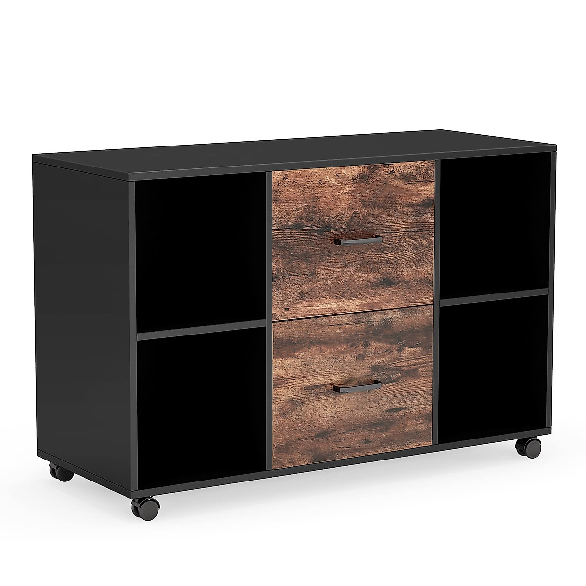 Tribesigns 2 Drawer File Cabinet, Large Mobile Lateral Filing Cabinet for Letter Size, Printer Stand with Storage Shelves and Rolling Wheels for Home Office (Black/Rustic)