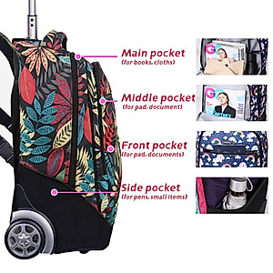 DNSHAN Rolling Backpack for Kids, 18 Inch Girls Wheeled Backpacks for School Travel, Flower