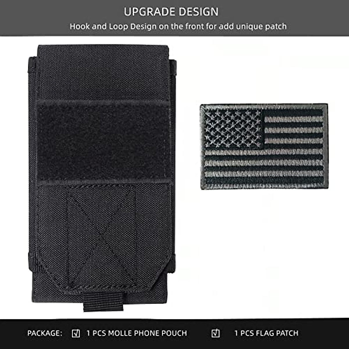 Heyqie Black Tactical Molle Cellphone Pouch Case,Heavy Duty Waterproof Phone Holster Bag for iPhone 11 12 13 Pro Max Samsung S22 S21 S20 FE Note 20 A13 A12 A02S Less 6.7" Phone with US Flag Patch