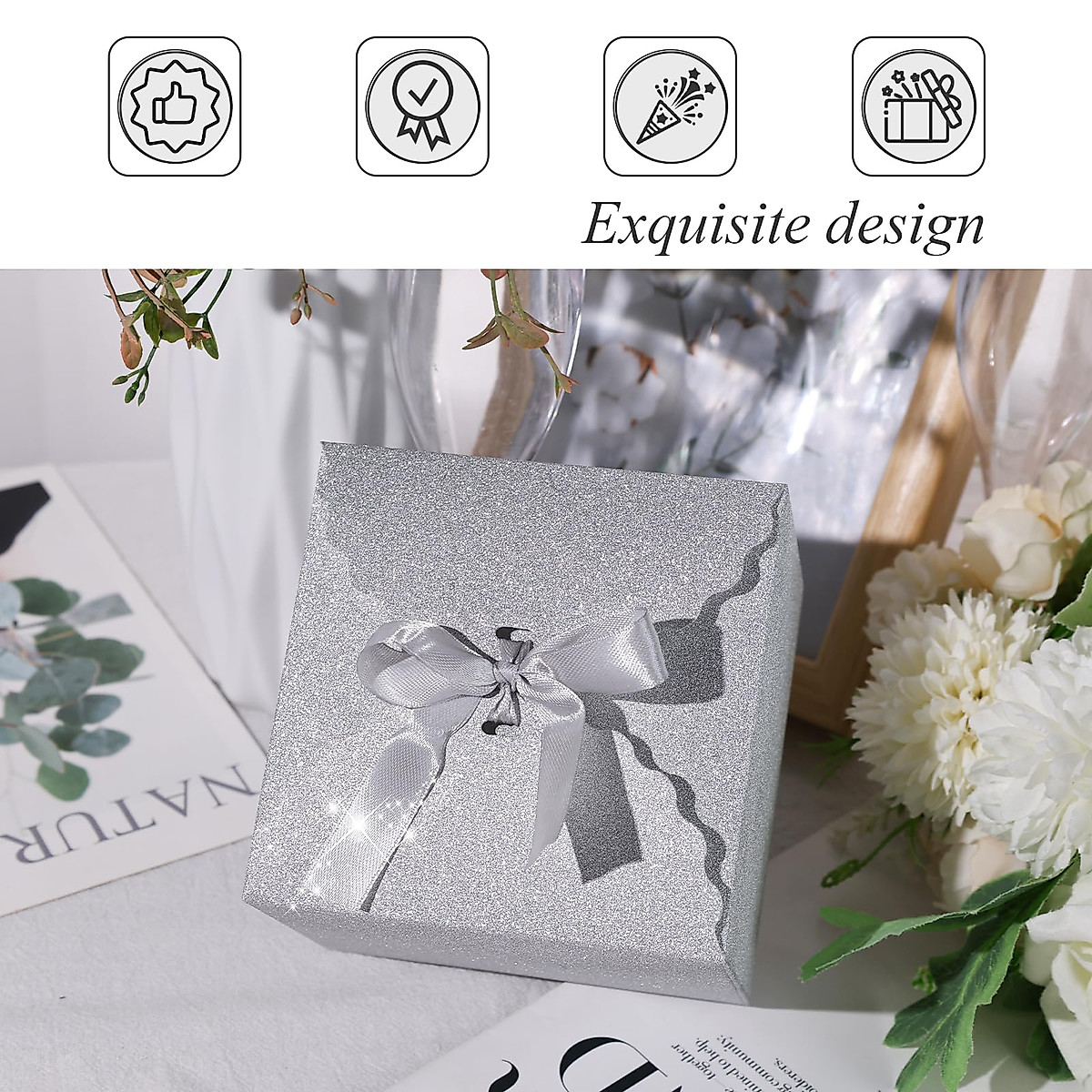 HONEYGIFTS Sliver Gift Boxes, Paper Treat Boxes Glitter Candy Box with Ribbon for Wedding Cookie Chocolates Small Gifts