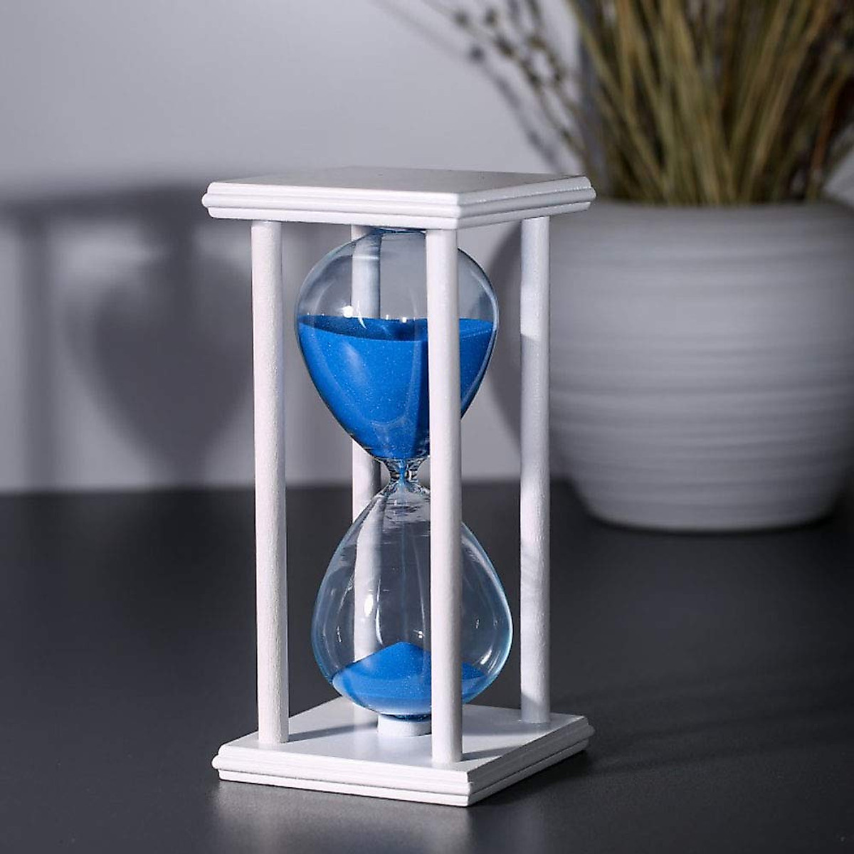 One Hour Hourglass Sand Timer Wooden White Frame Stand Sandglass Clock Timer for Office Kitchen Home Decor (Blue Sand, 60 min)