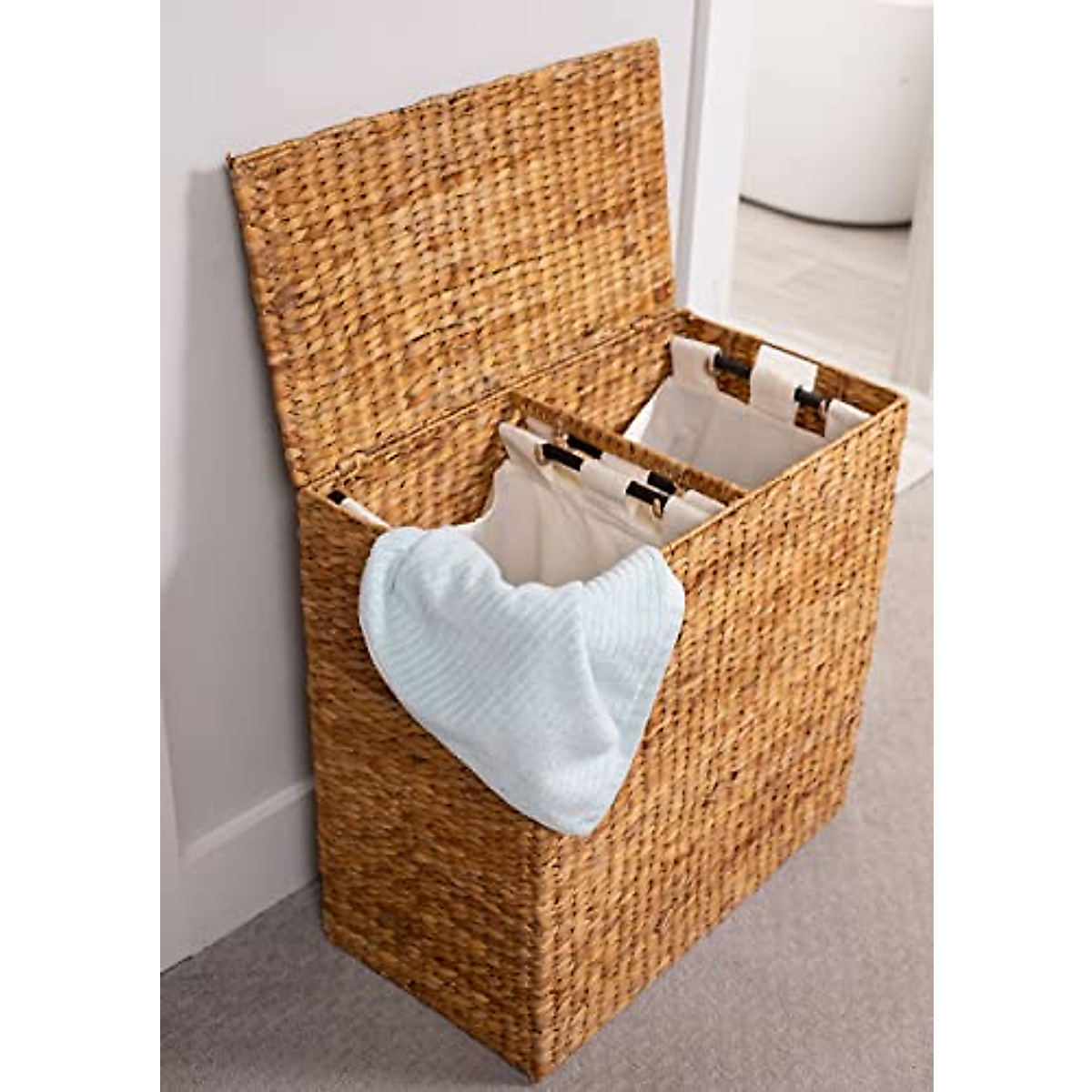 BirdRock Home Water Hyacinth Laundry Hamper Divided Interior (Natural) - Eco Friendly - Made of Hand Woven Hyacinth Fibers - Includes Two Removable Cotton Liners Bag - Wicker Laundry Basket with Lid