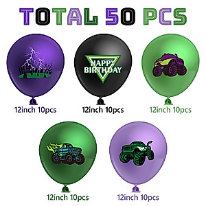 Haooryx 50Pcs Green And Purple Monster Truck Balloon Kit Monster Truck Lightning Print Latex Balloons for Boys Girls Baby Shower Decor Birthday Monster Truck Theme Party Decoration Photo Prop