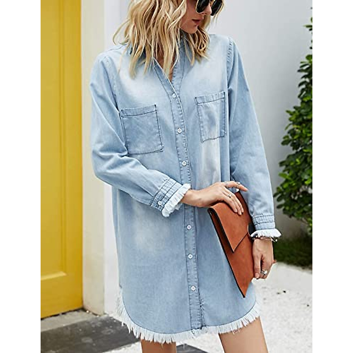 Zilcremo Women Denim Shirt Dresses Long Sleeve Distressed Jean Dress Button Down Casual Tunic Top Lightblue S