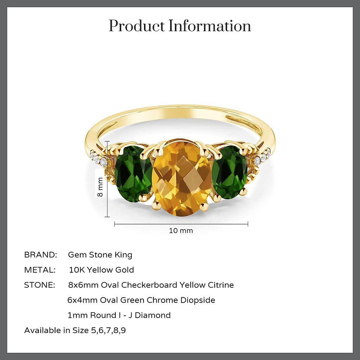 Gem Stone King 10K Yellow Gold Oval Checkerboard Yellow Citrine and Green Chrome Diopside Women Ring (2.39 Cttw, Gemstone Birthstone) (Size 9)