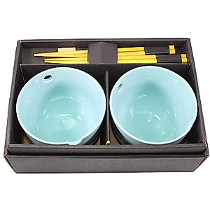 Set of 2 Japanese Porcelain Ceramic Bowls w Chopsticks for Ramen Soup Noodle Porridge Menudo Ramen Udon Pasta Cereal Ice cream Pho Rice Instant Noodle (White Flowers)