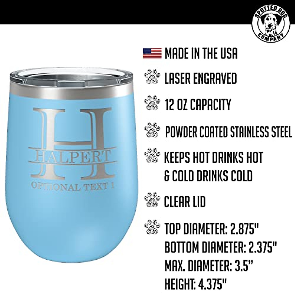 Personalized 12oz (17 Colors) Powder Coated Stainless Steel Stemless Wine Tumbler with Lid, Custom Etched, Customized Gift for Women Her, Wine Lover, Halpert Monogram Initial Name (Light Blue)