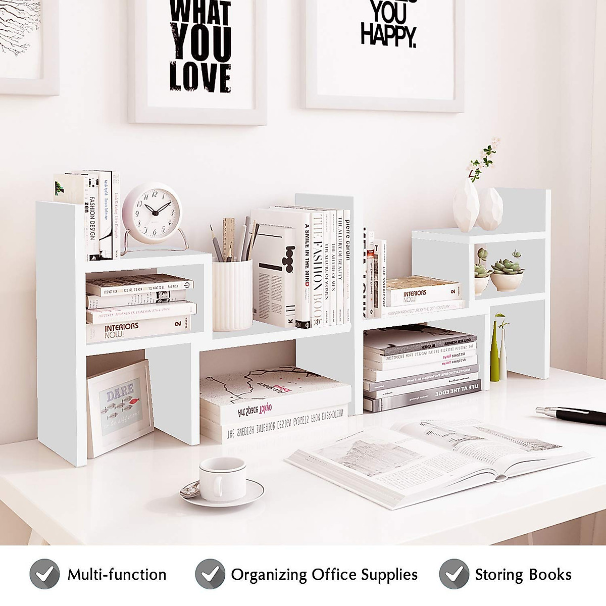 Jerry & Maggie - Desktop Organizer Office Storage Rack Adjustable Wood Display Shelf | Birthday Gifts - Toy - Home Decor | - Free Style Rotation Display - True Natural Stand Shelf (White)