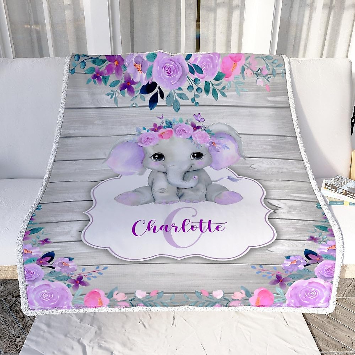 CenturyTee Personalized Baby Blanket Monogram Purple Floral Elephant Custom Nursery Swadding Boy Girl with Name Daughter Granddaughter Niece Birthday Fleece Blanket (30 x 40 in Baby Size)